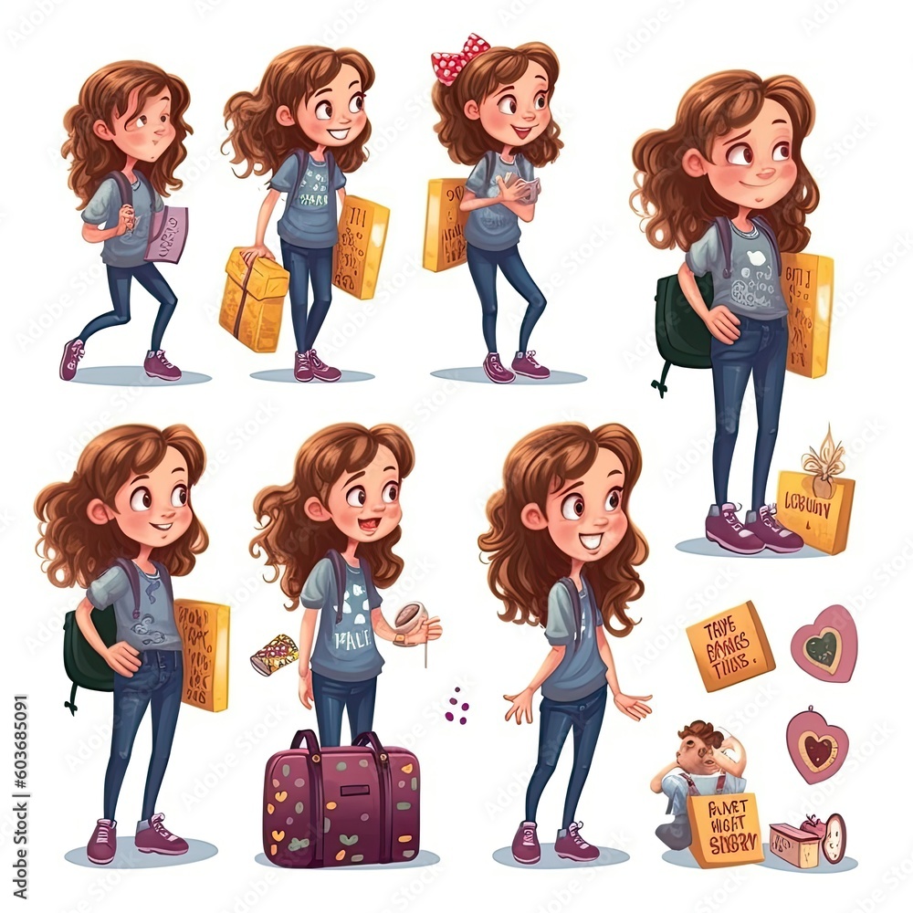 Teen girl character, multiple poses and expressions, collection ...