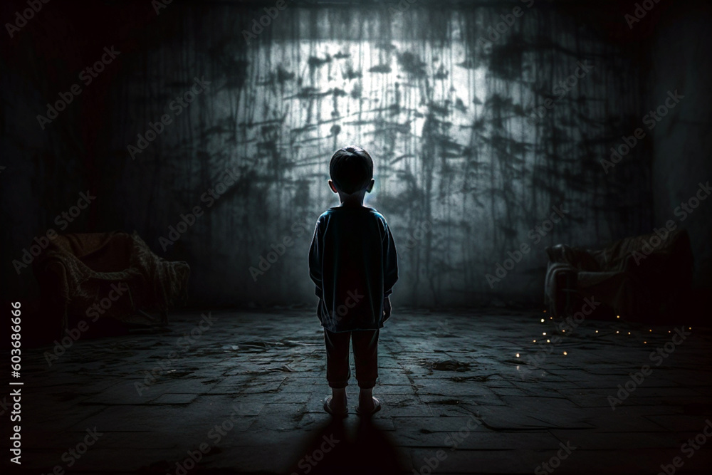 Young boy standing on the floor of a dark, abandoned room. Mysterious ...