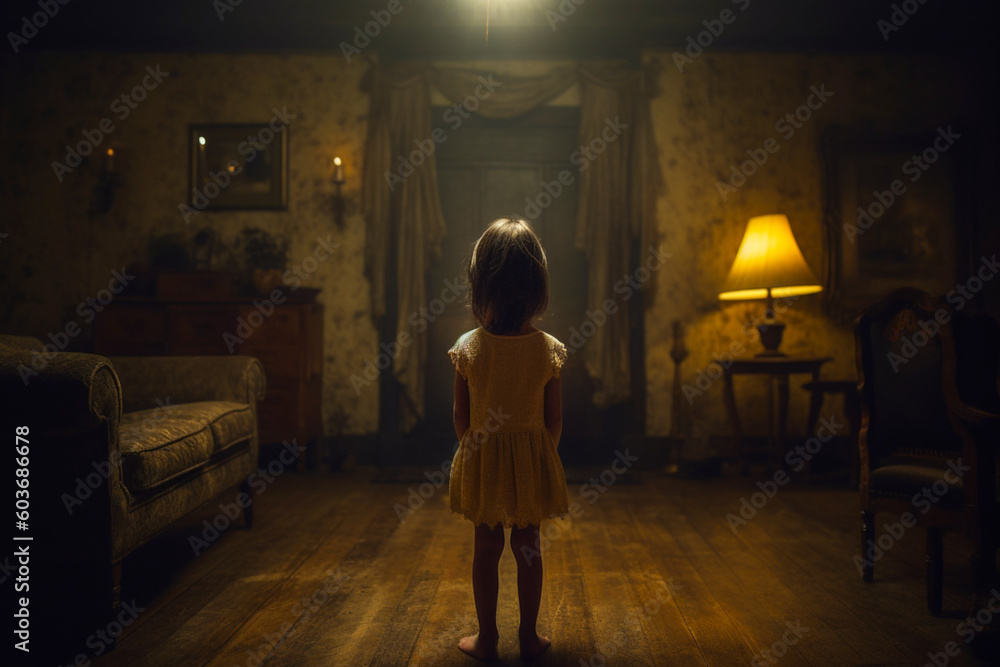 Young girl standing on the floor of a dark, abandoned room. Mysterious ...