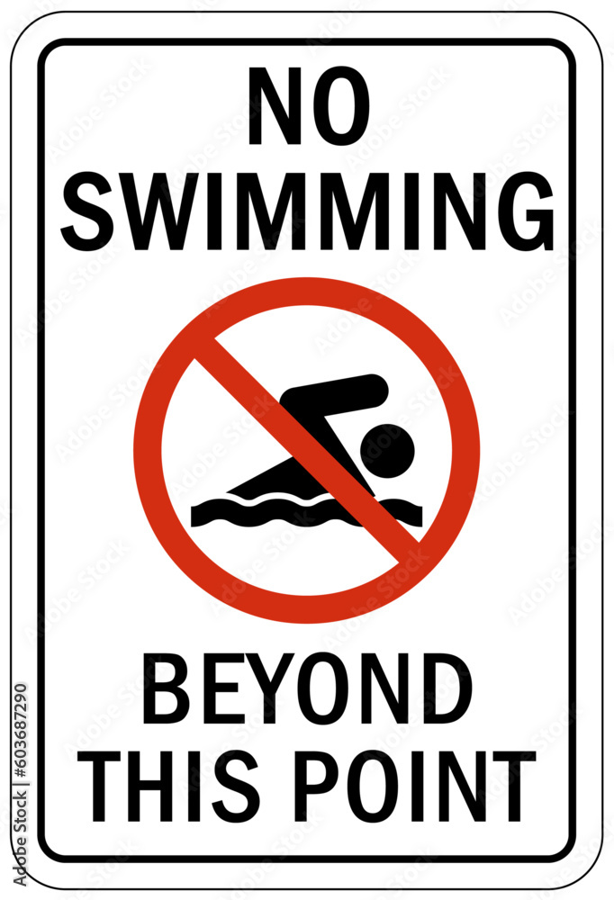 Beach safety warning sign and labels no swimming beyond this point ...