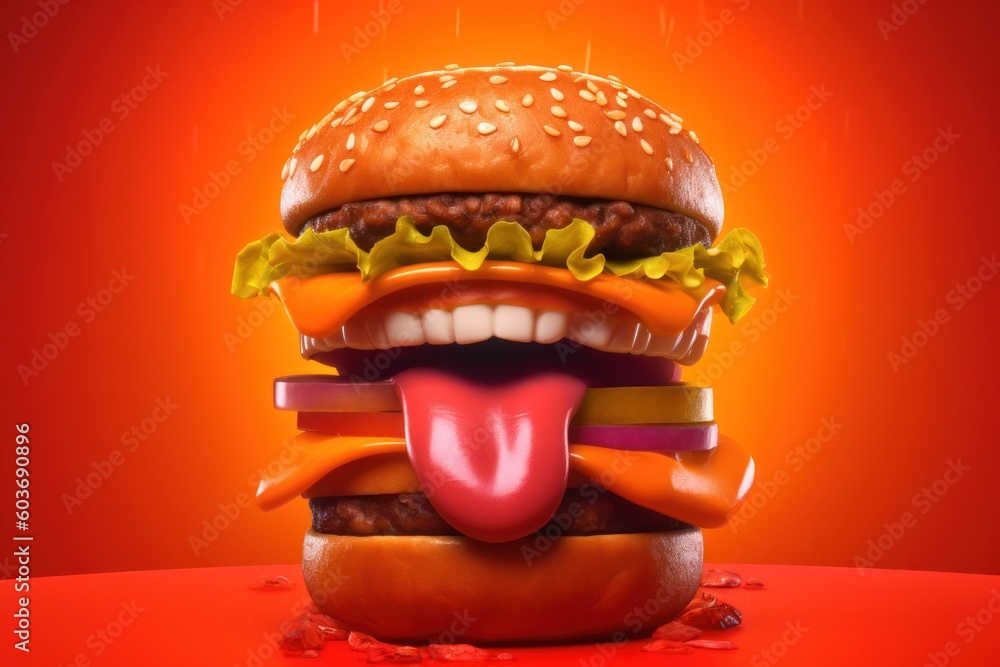 Crazy laughing hamburger with teeth and tongue in front of you orange ...