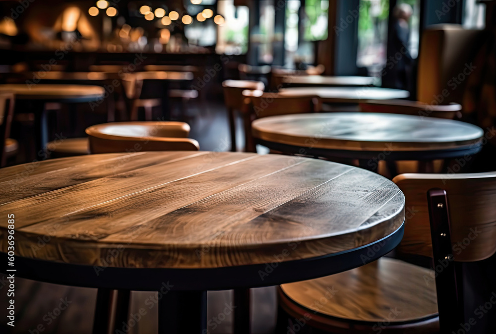 Empty round wooden table and chairs in coffee shop cafe - vintage ...