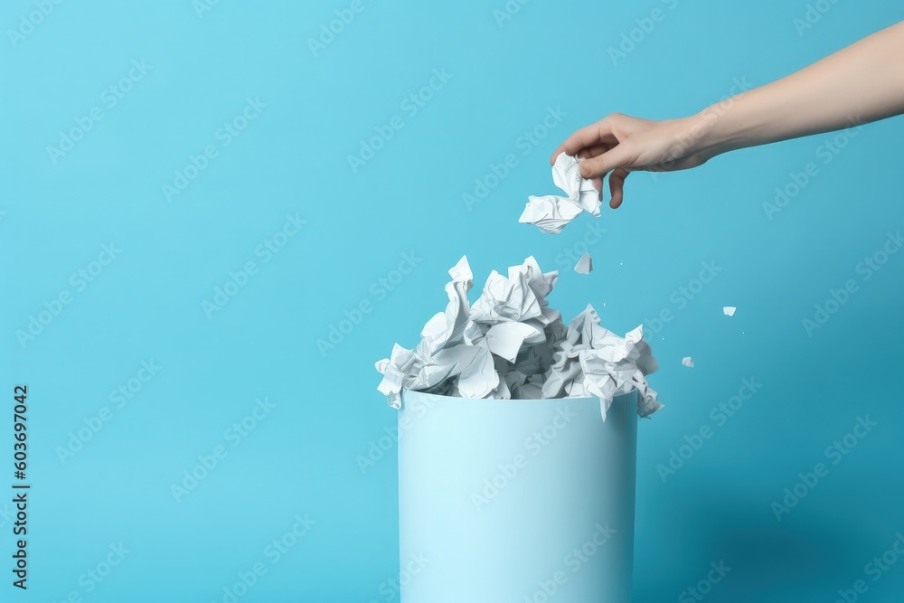 Hand throwing crumpled paper into recycle bin, blue background, digital ...