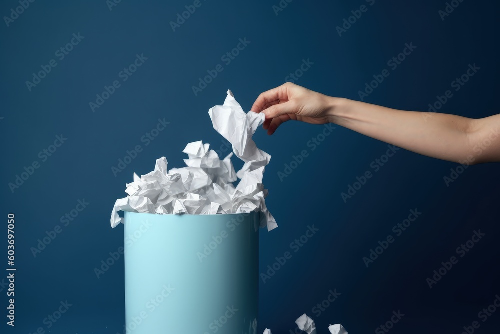 Hand throwing crumpled paper into recycle bin, blue background, digital ...