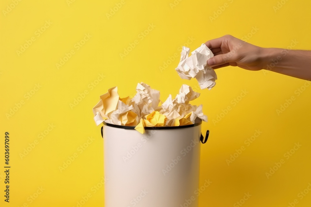 Hand throwing crumpled paper into recycle bin, yellow background ...
