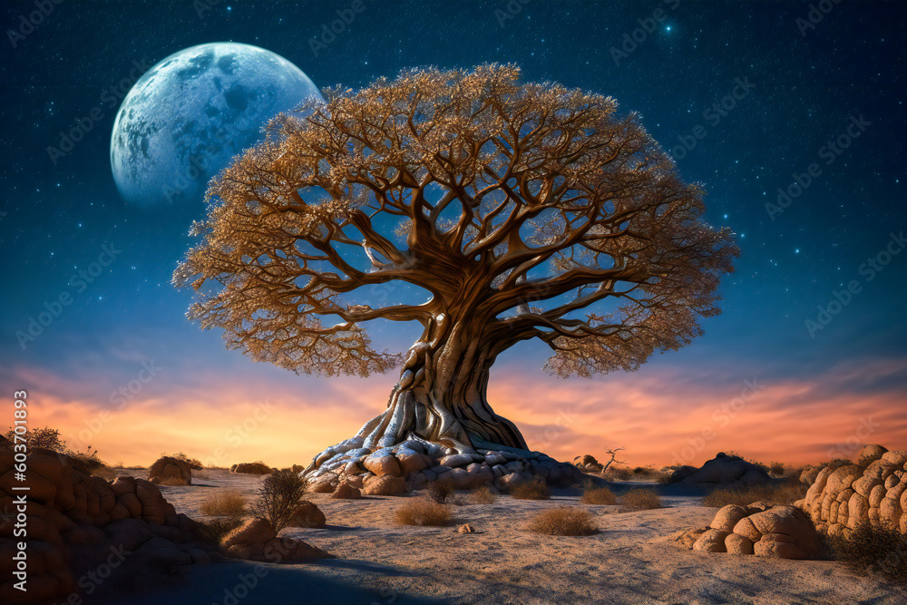 Lone tree growing on a strange alien desert planet. Created with ...