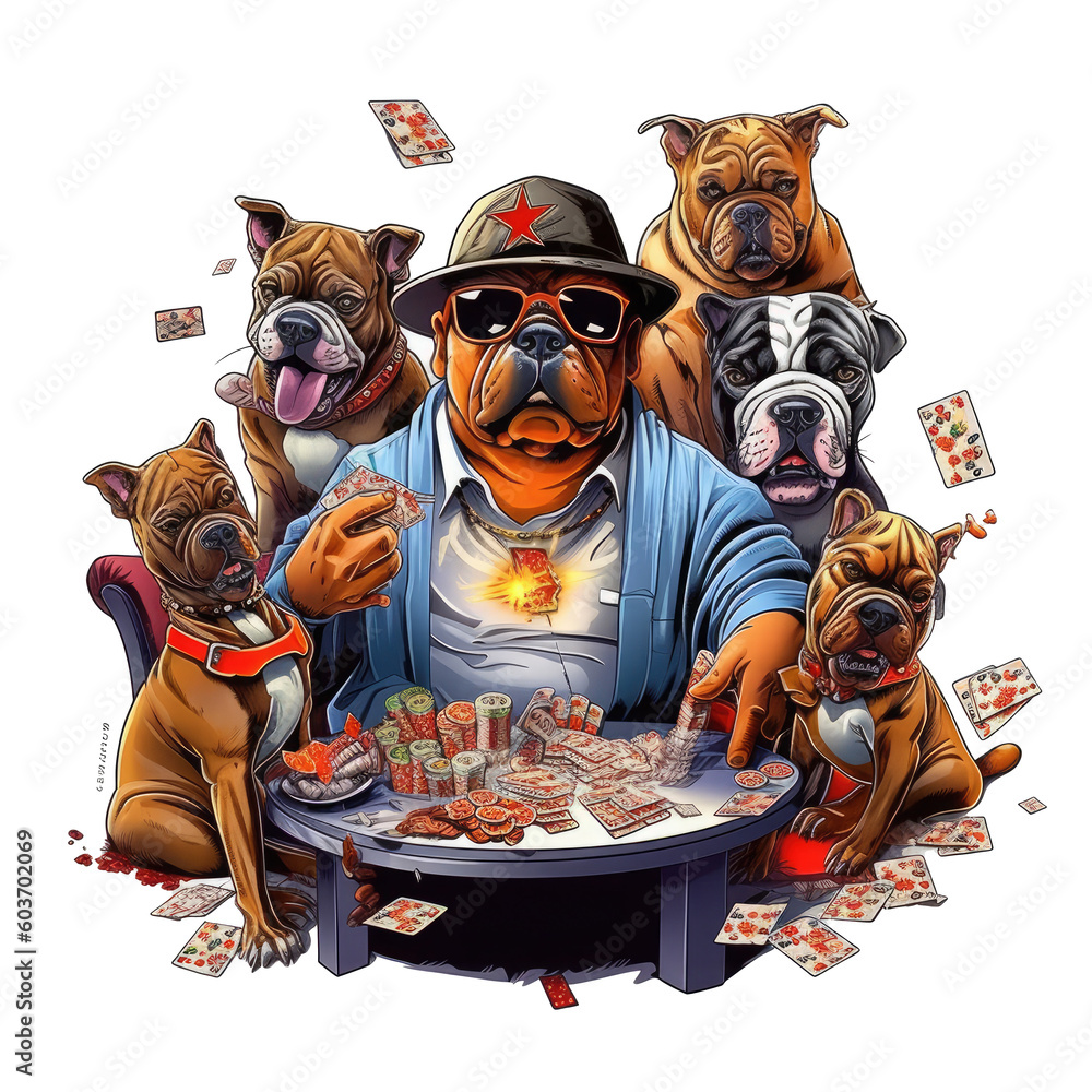 A Butcher English Bulldog playing poker with a group of dogs in a dimly ...