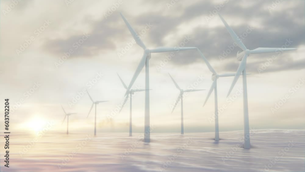 Camera pulls back through rotating blades of a wind turbine in an ...