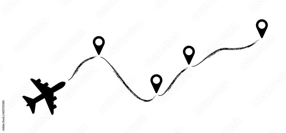 Soaring air plane line path. Take Off airplane, flight route with start ...