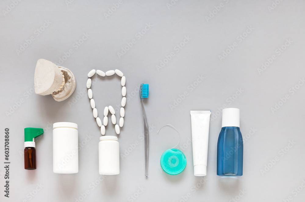 Dental care concept. Prevention of caries. Oral care items: toothbrush ...