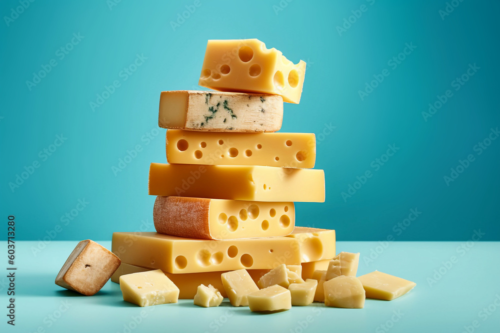 stack of different types of cheeses, isolated on a light blue ...