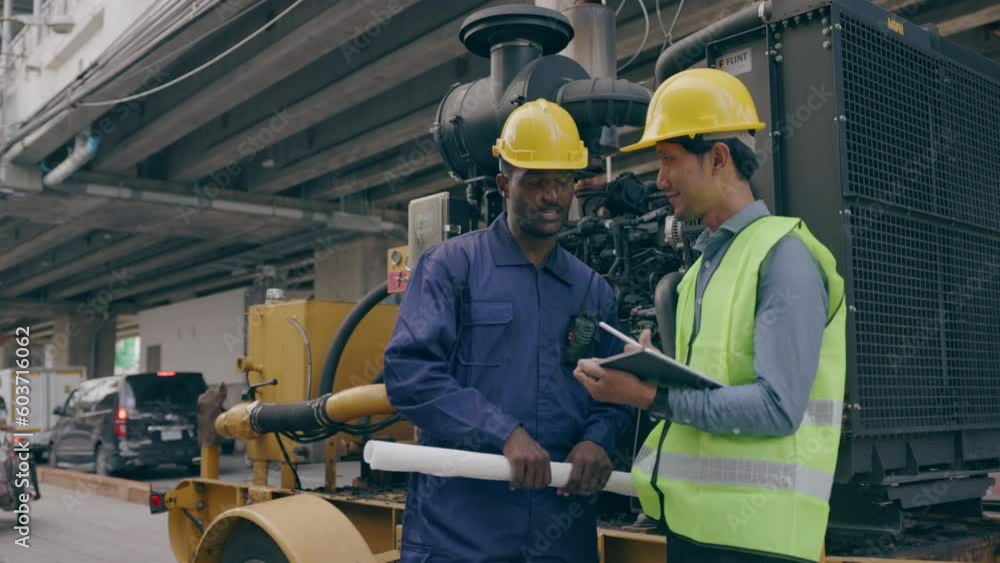 Structural engineers and construction workers are holding blueprints ...