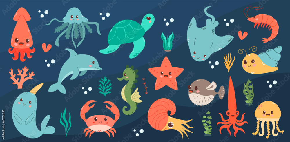Set with hand drawn sea life elements. Vector doodle cartoon set of ...