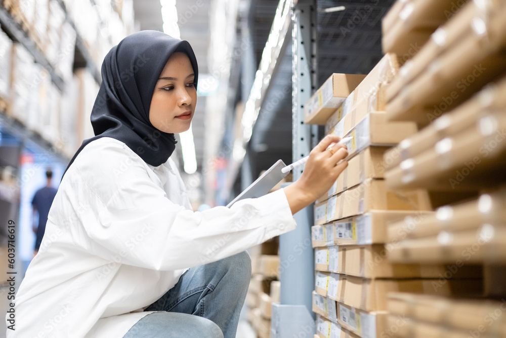 Asian muslim female headscarf hijab using digital tablet checklist ...