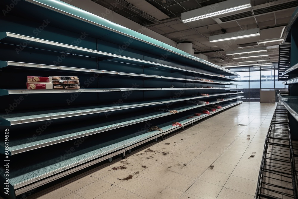 Almost Empty shelves in a supermarket after a big rush created with ...