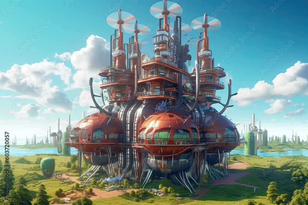 futuristic steampunk bioenergy power plant with green plants ...