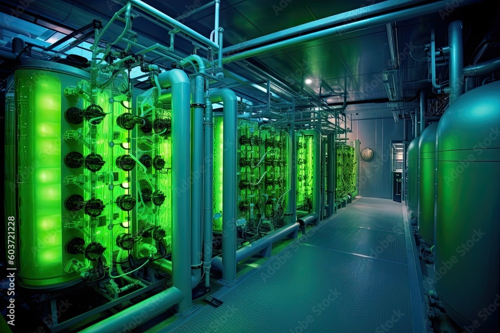 Inside futuristic bioenergy power plant. Advanced bioreactors pulsate ...