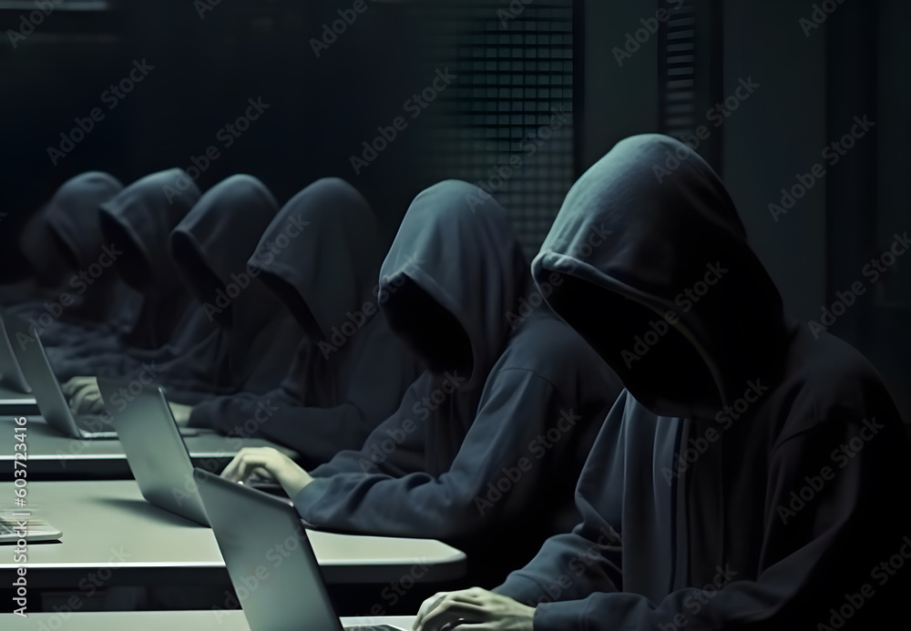 Hackers with hoodies. Hacker group, organization or association. AI generated Stock Illustration ...