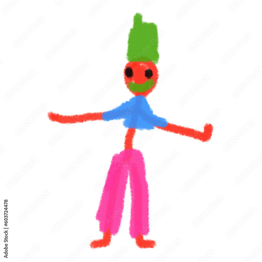 isolated sticker-a little man drawn by felt-tip pens by a child.Hand ...