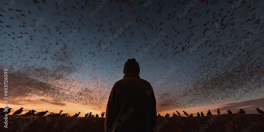 Rear view of a person witnessing the synchronized flight of starlings ...