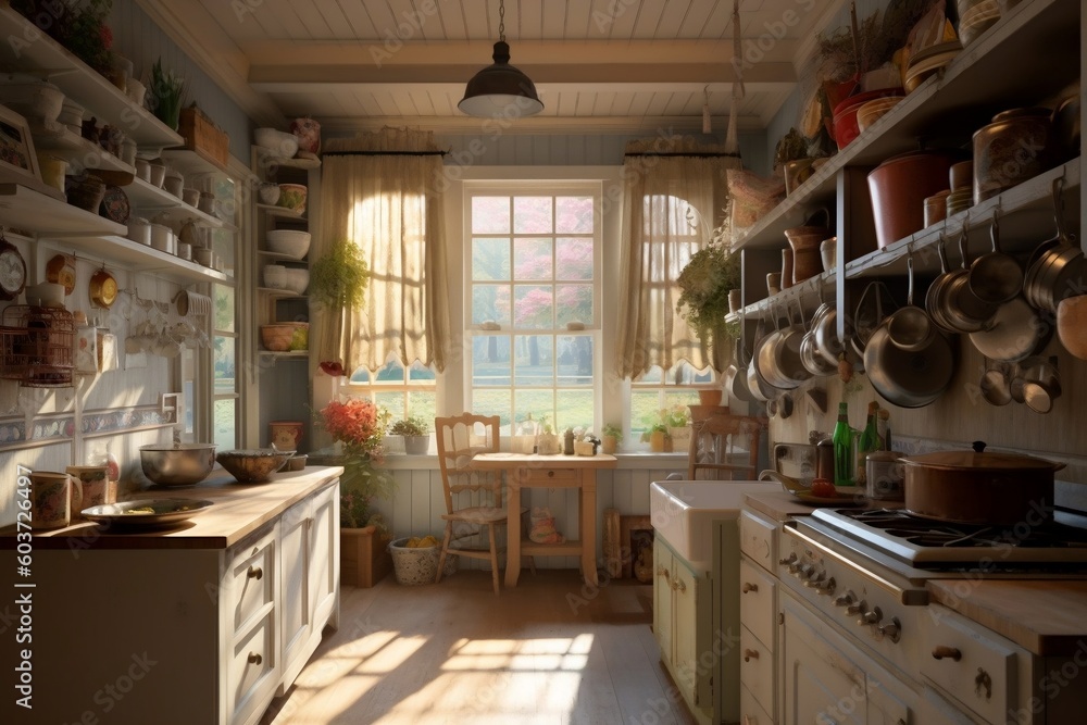 Cozy light cottage style kitchen with table and chairs, windows with ...