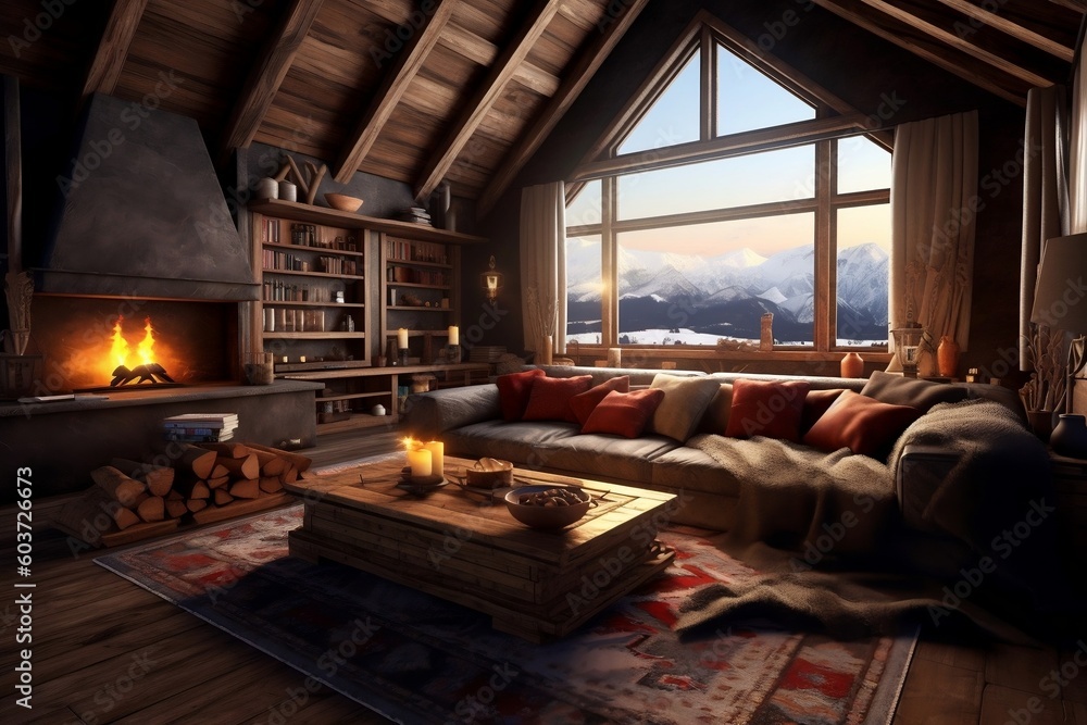Modern, luxurious alpine style living room with wooden ceiling and ...