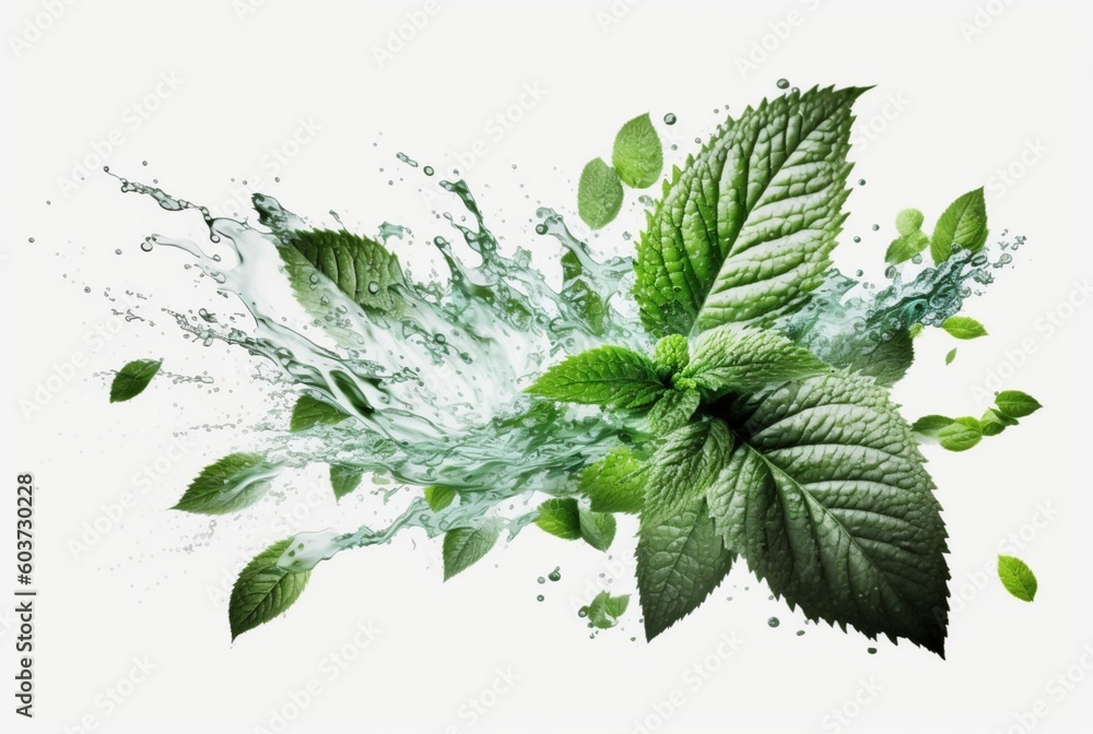 Green mint leaf with water splash isolated on white background ...
