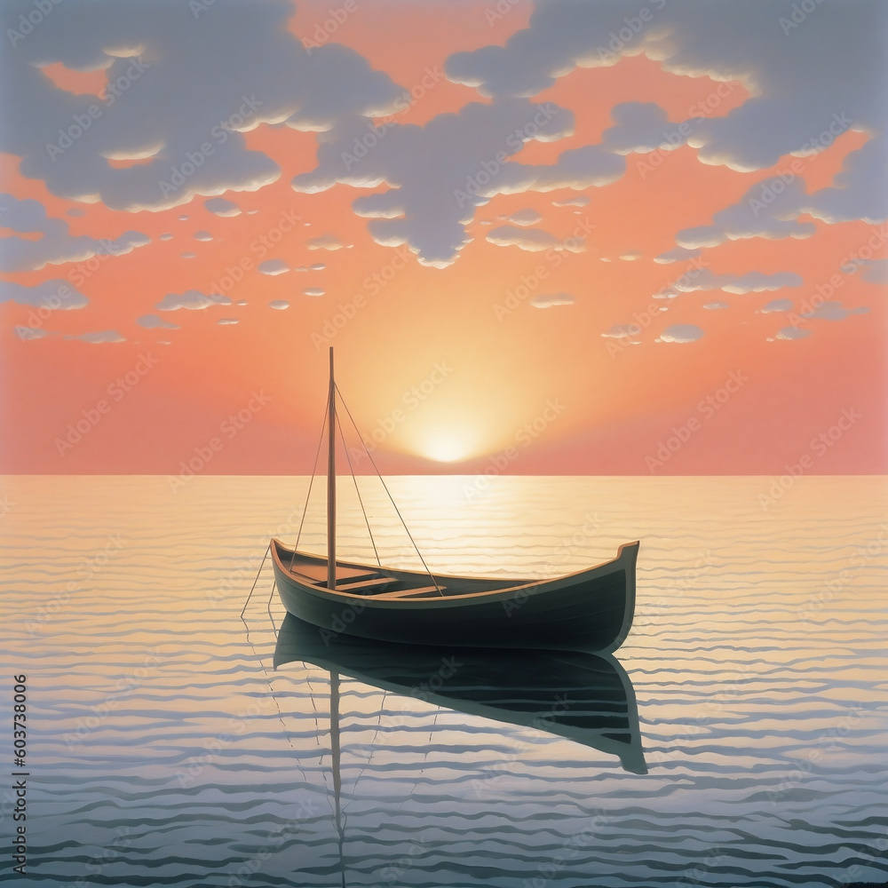 Painting of a boat centered in the middle of the ocean, with an orange ...