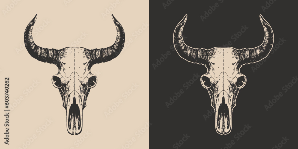 Set of vintage retro scary spooky cow bull skull head skeleton. Cowboy ...