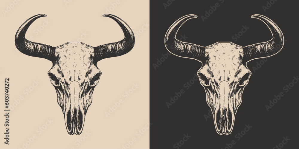 Set of vintage retro scary spooky cow bull skull head skeleton. Cowboy ...
