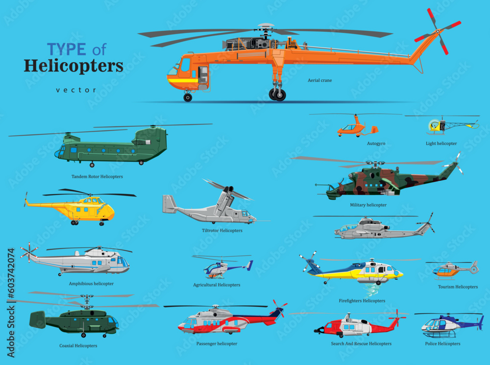 Various types of helicopters. Large vector set of helicopters with type ...