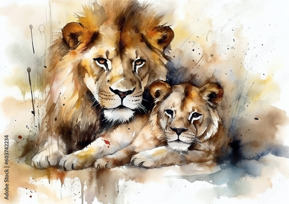 Watercolor abstract illustration of father and son lion. The king of ...