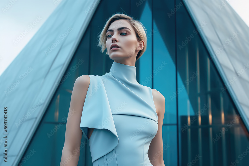 Beautiful haute couture model in front of a modern architecture ...