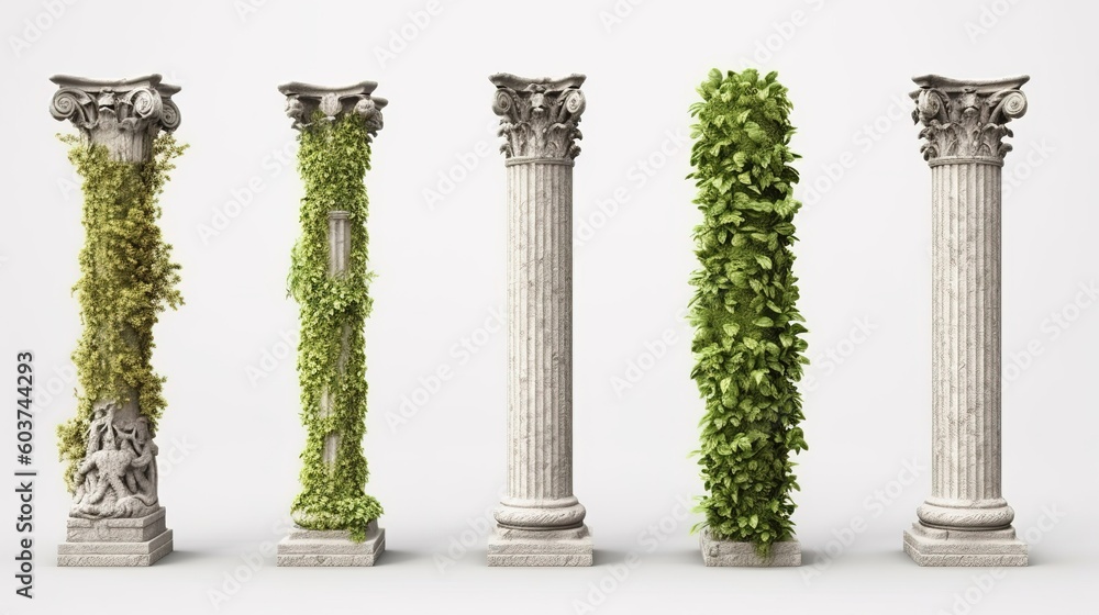 A set of antique columns, a collection of overgrown columns. Generative ...