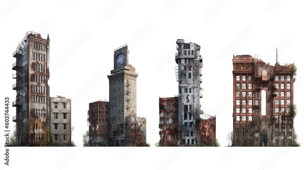 A collection of destroyed skyscrapers, tall post-apocalyptic buildings ...