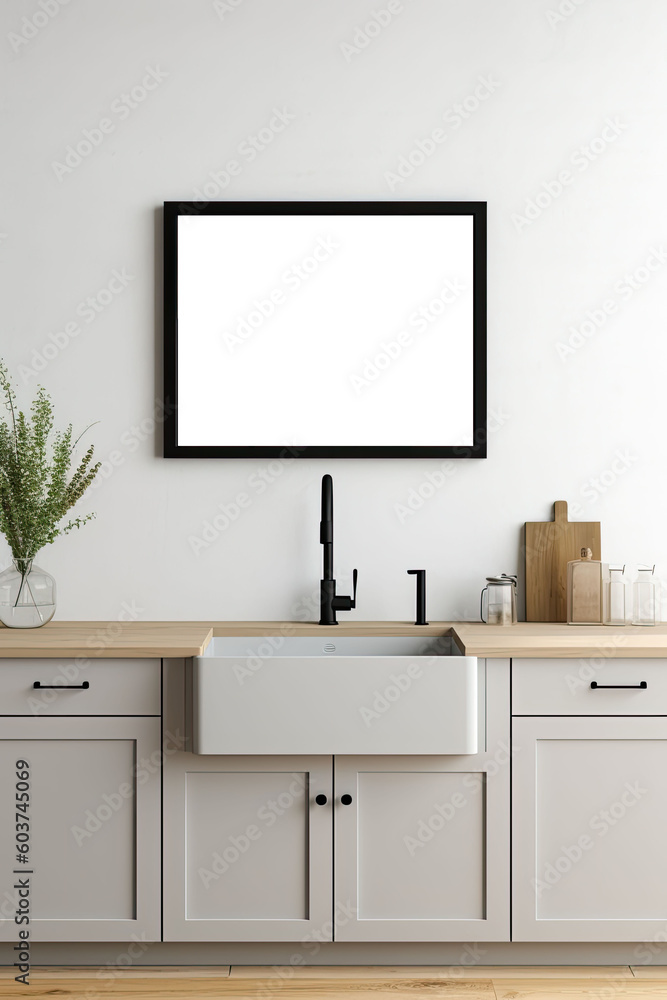 clean design kitchen with modern appliances and an empty framed ...