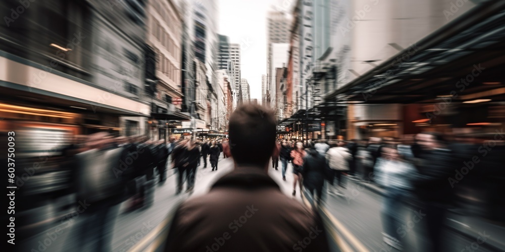 Person standing still amidst a bustling city street, as the motion blur ...