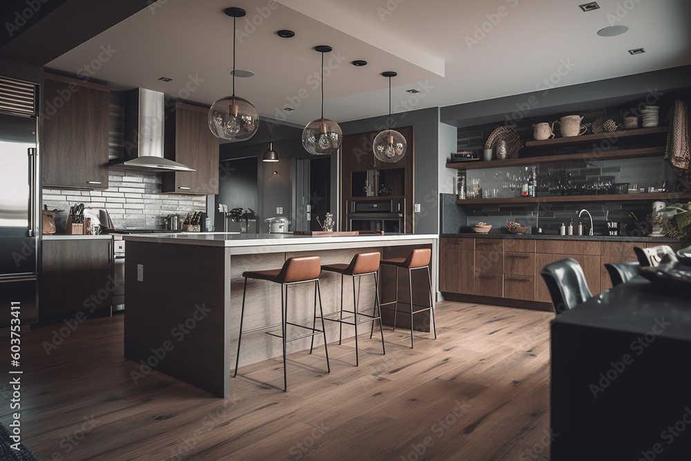 Modern and luxurious kitchen with a large table and a large work ...