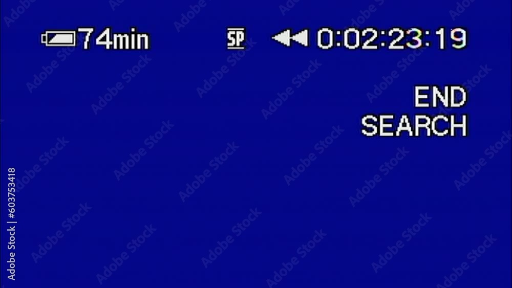 Real analog VCR VHS video tape camcorder End Search rewind on blue ...