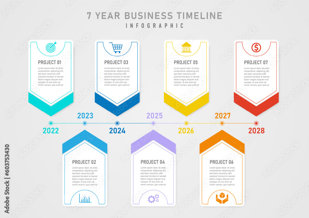 infographic template timeline 7 years spiky square multi color line ...