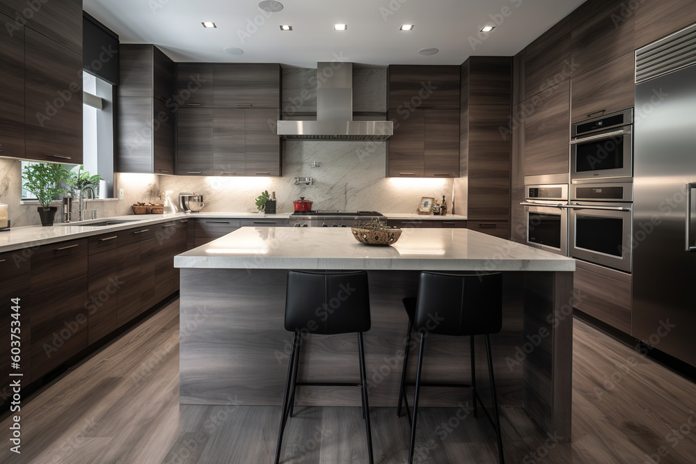 Modern and luxurious kitchen with a large table and a large work ...