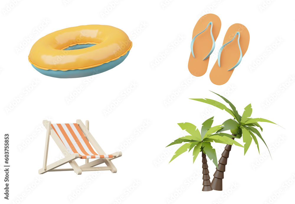 Summer elements 3d icon set clipart isolated on white background ...