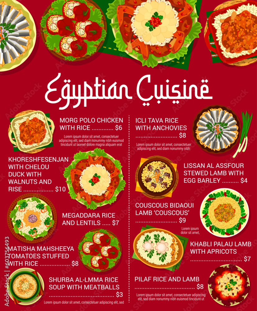 Egyptian cuisine menu, lunch and dinner dishes, vector restaurant meals ...