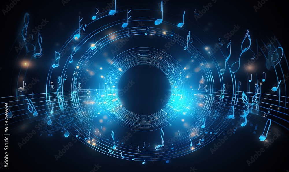 a circle of musical notes with a black background and a blue circle ...