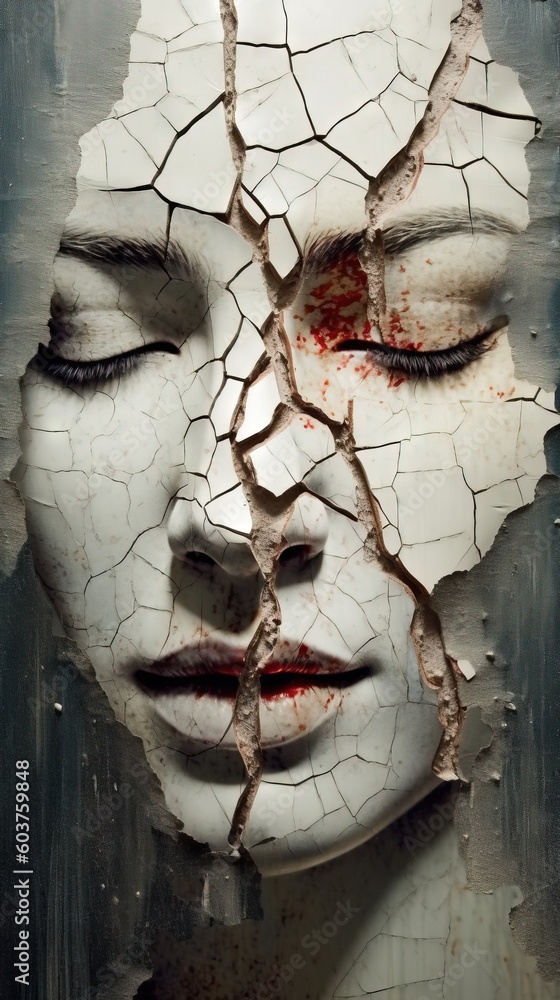 a woman's face is shown through a crack in the wall of a building, with ...