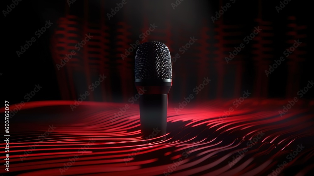 a microphone on a red and black background with a light coming from ...