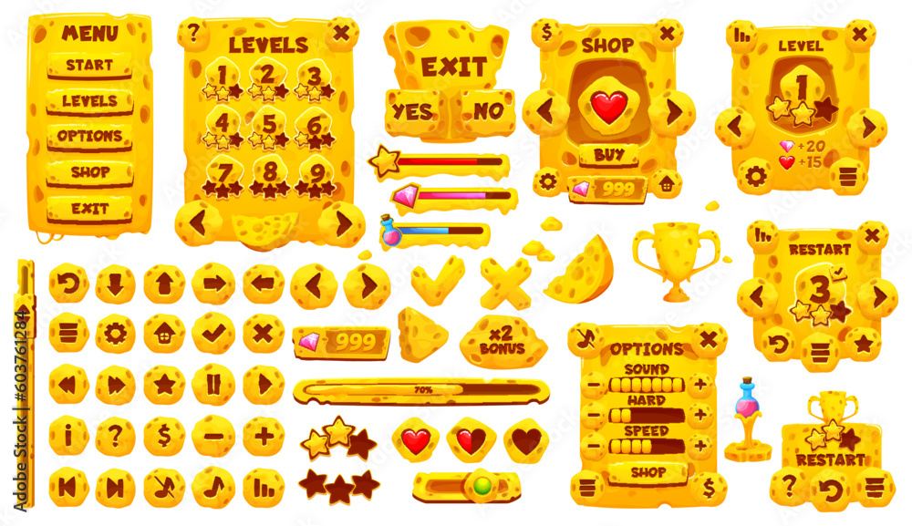 Game app interface, GUI asset and buttons. Maasdam and gauda cheese ...