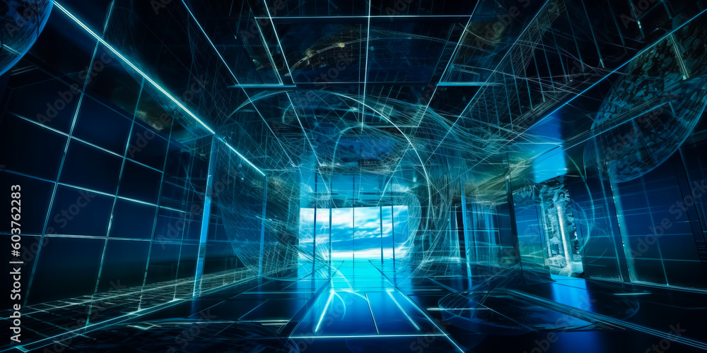 Dark room with abstract lines intercrossing and intertwining with each ...