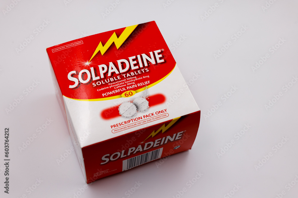 Box of Solpadeine, pain relief painkiller tablets, containing codeine ...