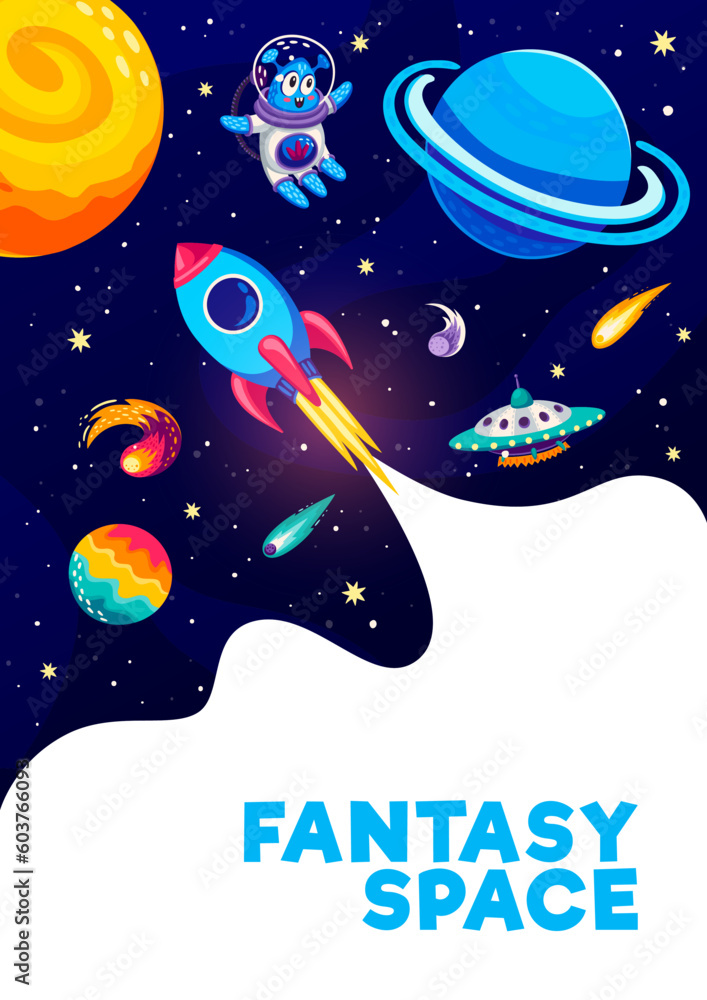Cartoon space flyer with spaceship, alien and UFO in starry galaxy ...